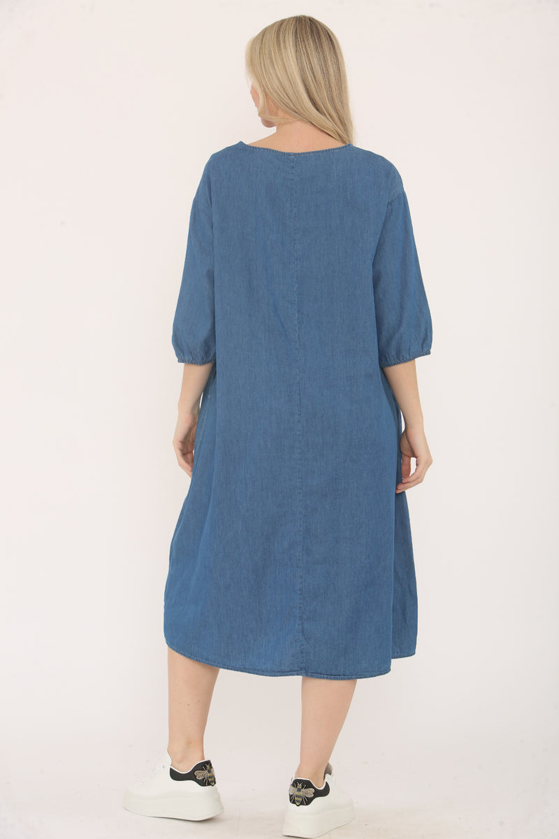 Soft Denim Leaf Print Relaxed Fit Midi Dress – Saloos